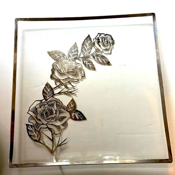Dining | Vintage Glass With Silver Inlay Silver Leaf Paint Roses 196s ...